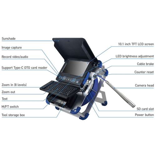 UKIC Push Rod Pipe Inspection Camera System with 10.1 inch TFT LCD Screen